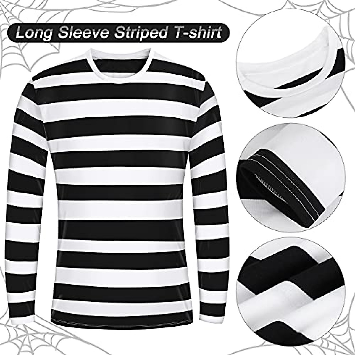 URATOT Adult Halloween Robber Costume Set Prop Money Black Gloves Face Cover White Striped T-Shirt Bags, L