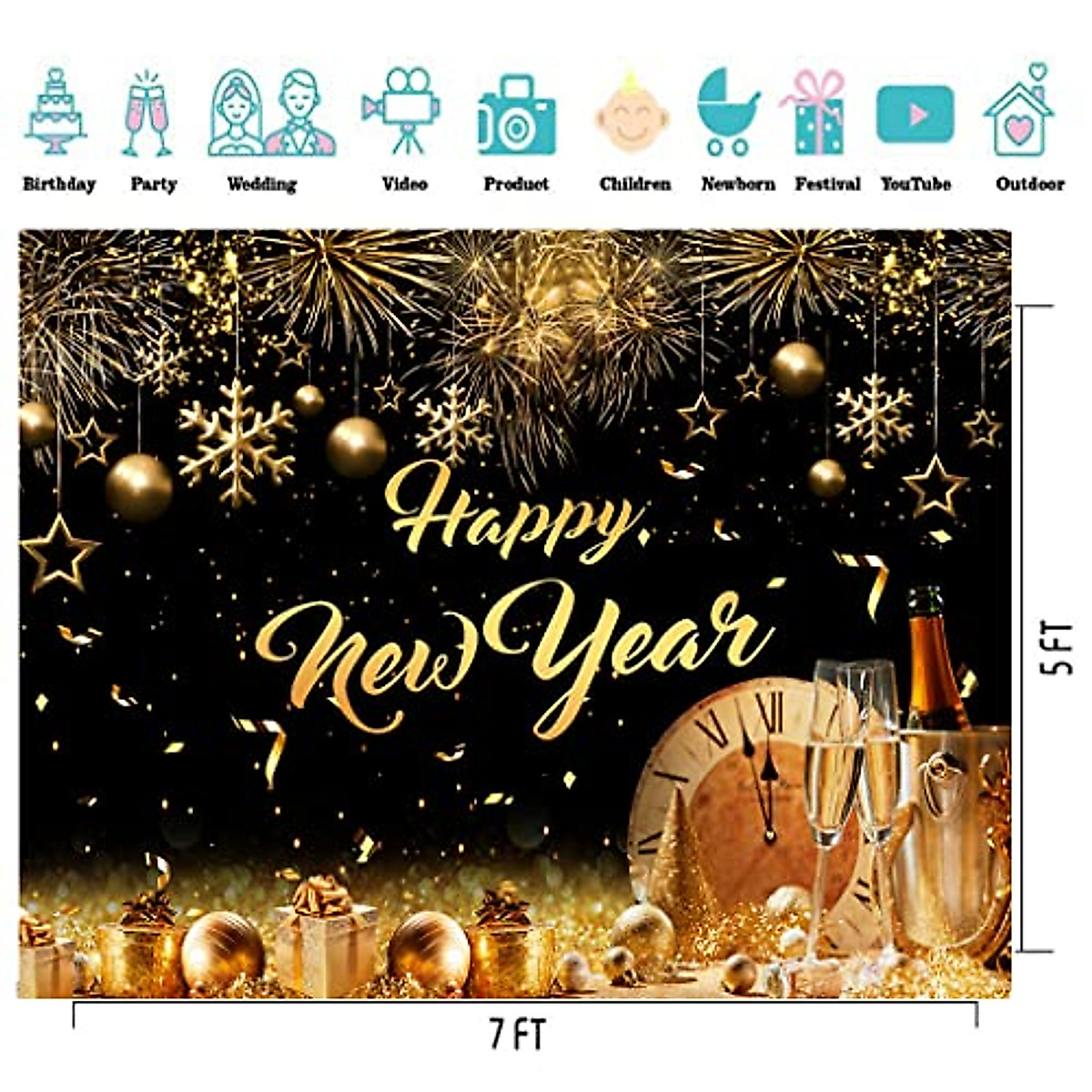 CYLYH 7x5FT New Year Backdrop 2024 Happy New Year Backdrop Golden Particles Bokeh Backdrop Black and Gold Photography Background 2024 New Year Party Backdrops for Photography