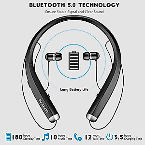 AMORNO Bluetooth Headphones, Foldable Wireless Neckband Headset with Retractable Earbuds, Sports Sweatproof Noise Cancelling Stereo Earphones with Mic