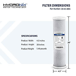 Hydronix CB-45-2005 Whole House, Commercial & Industrial NSF Coconut Carbon Block Water Filter, 4.5" x 20" - 5 Micron