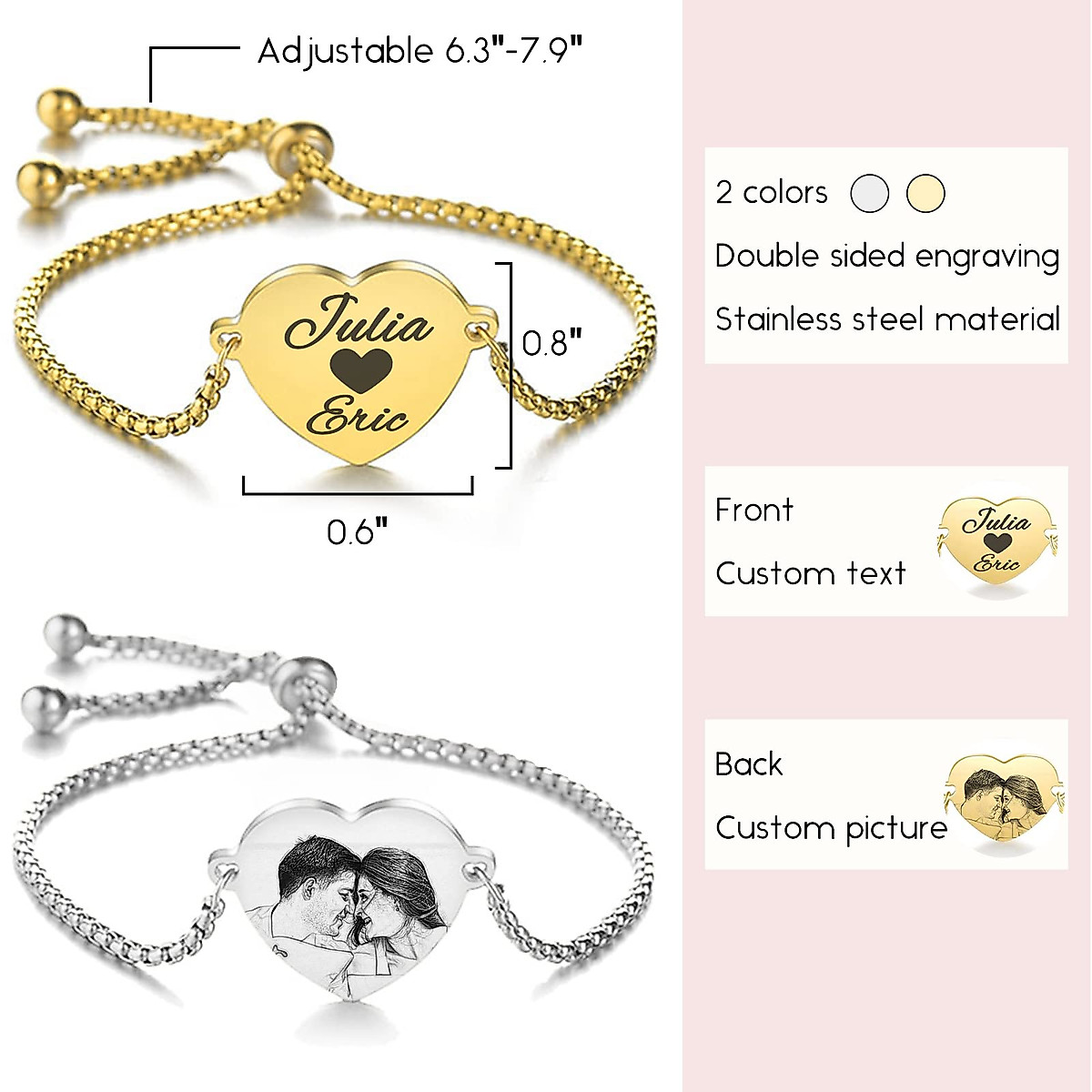 3UMeter Bracelet with Picture Inside Picture Bracelet for Women Carved Heart Shaped Pendant Double-side Customized Photo Bracelet Jewelry Gift