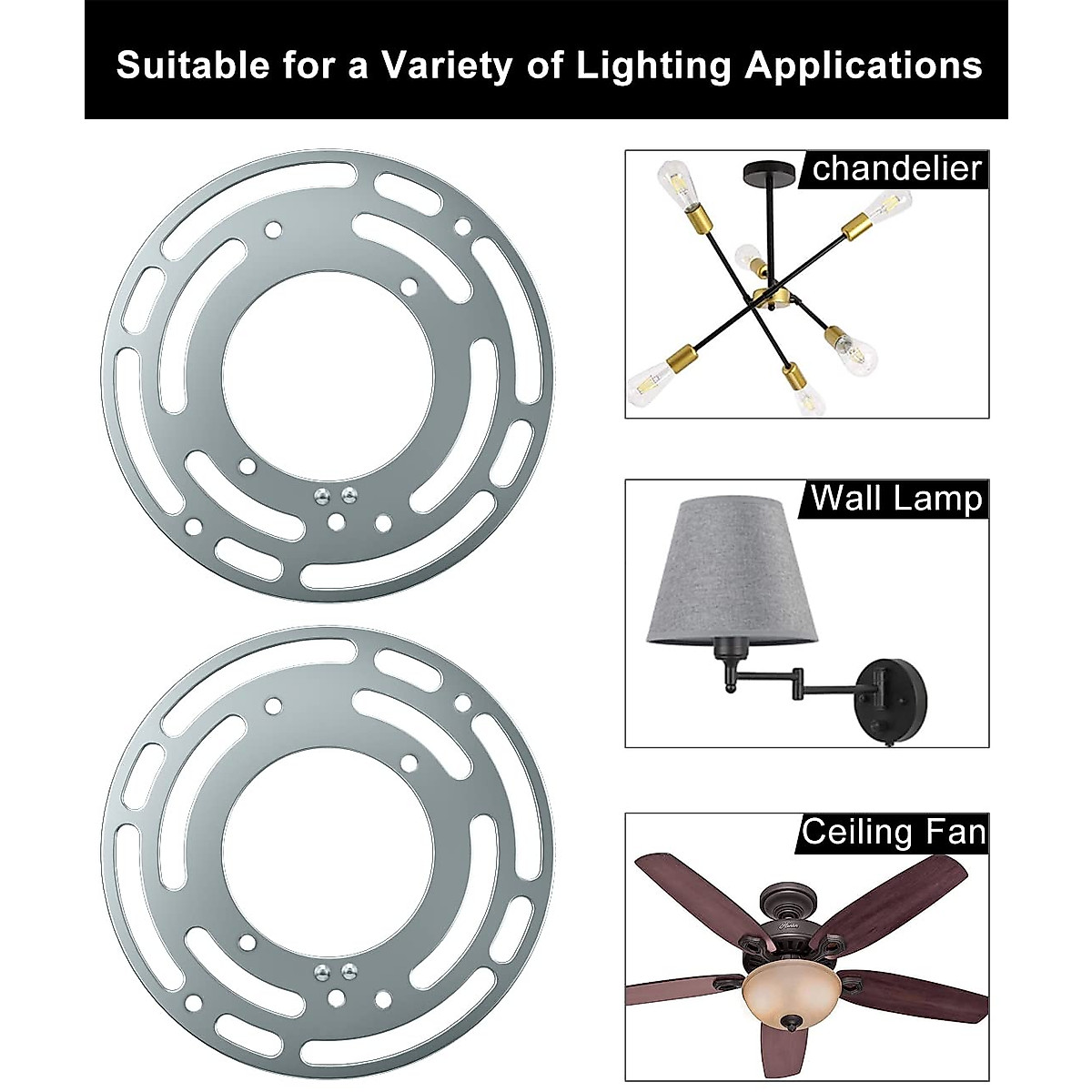Qc 2 Pack Universal Light Fixture Mounting Bracket, 4 Inches Diameter Steel Crossbar Plate with Ground Screw for Mount Wall Light, Close to Ceiling Light, Chandelier Silver