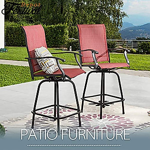 Festival Depot 2pcs Patio Dining Set Bar Height Stools Swivel Chairs with Armrest All Weather Metal Outdoor Furniture for Bistro Yard (Red)