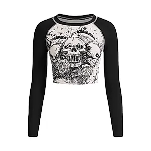 SOLY HUX Women's Y2K Shirt Gothic Long Sleeve Crop Tops Graphic Tees Skull Floral Print T Shirts Black and White S