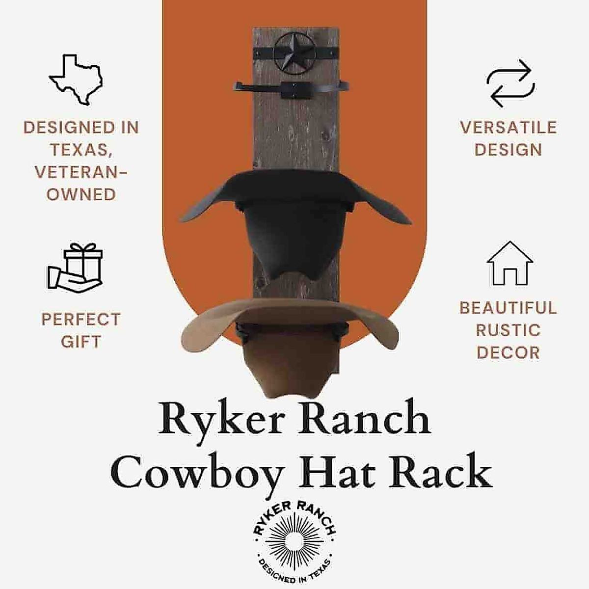 Ryker Ranch cowboy hat rack for wall | western hat rack for cowboy hats | rustic wood and metal cowboy hat hanger for wall | cowboy hat holder