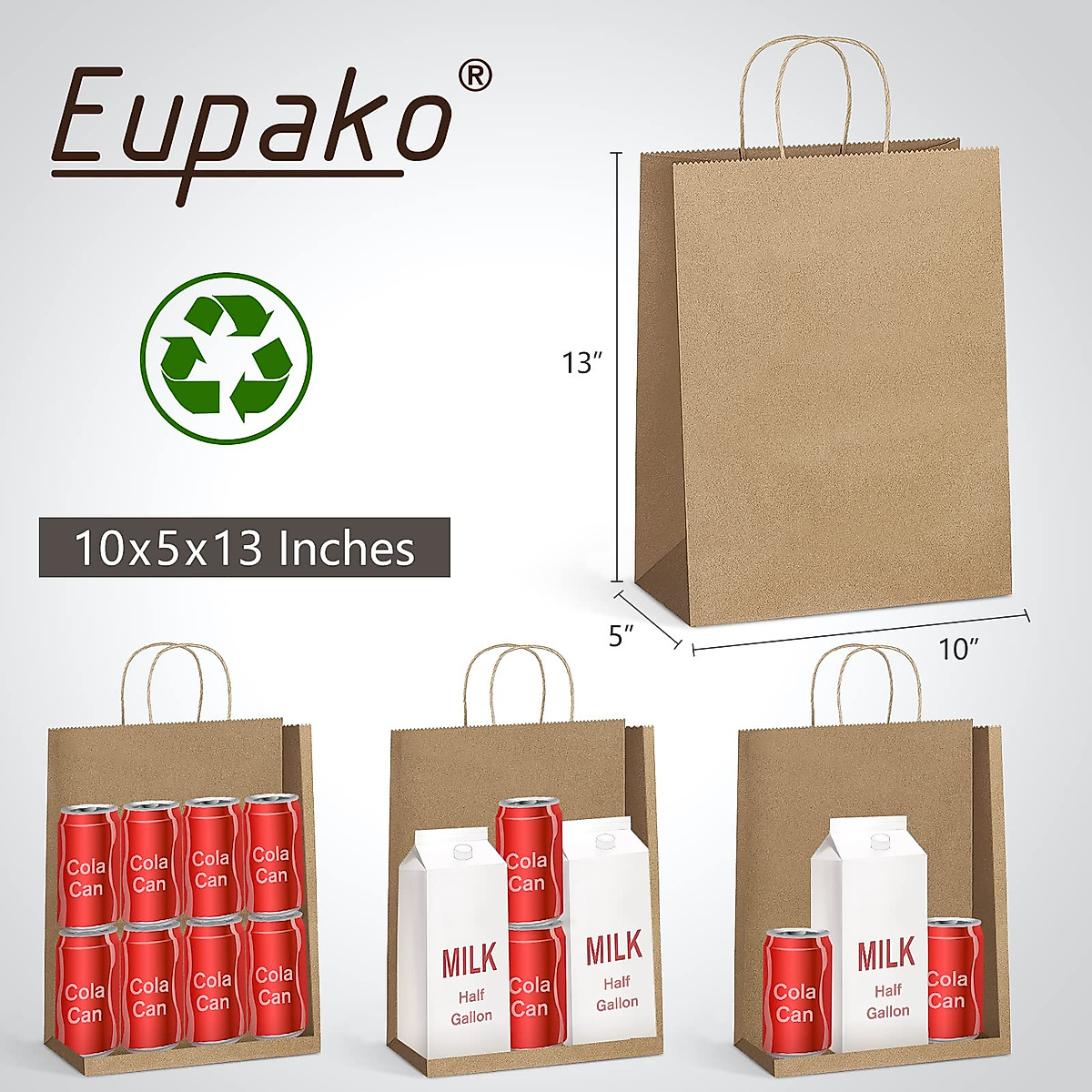 Eupako Kraft Shopping Bags 10x5x13 100 PCS Brown Paper Bags with Handles, Kraft Paper Gift Bags Bulk, Party Favor Bags, Merchandise Bags, Retail Bags