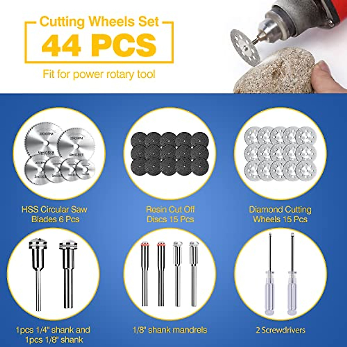 Winzwon Cutting Wheels Set 44 Pcs for Dremel Rotary Tool Accessories Kit, Gifts for Men, Diamond Cutting Wheels 15 Pcs, Resin Cut Off Discs 15 Pcs, Hss Circular Saw Blades 6pcs with 6 Mandrel Shank