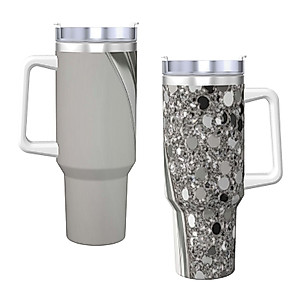 Zsuugj Silver Sparkle Glam Bling 40 Oz Tumbler With Handle And Straw Lid Car Cup Stainless Steel Water Bottles Insulated Coffee Cup Travel Mug Gifts For Men Women