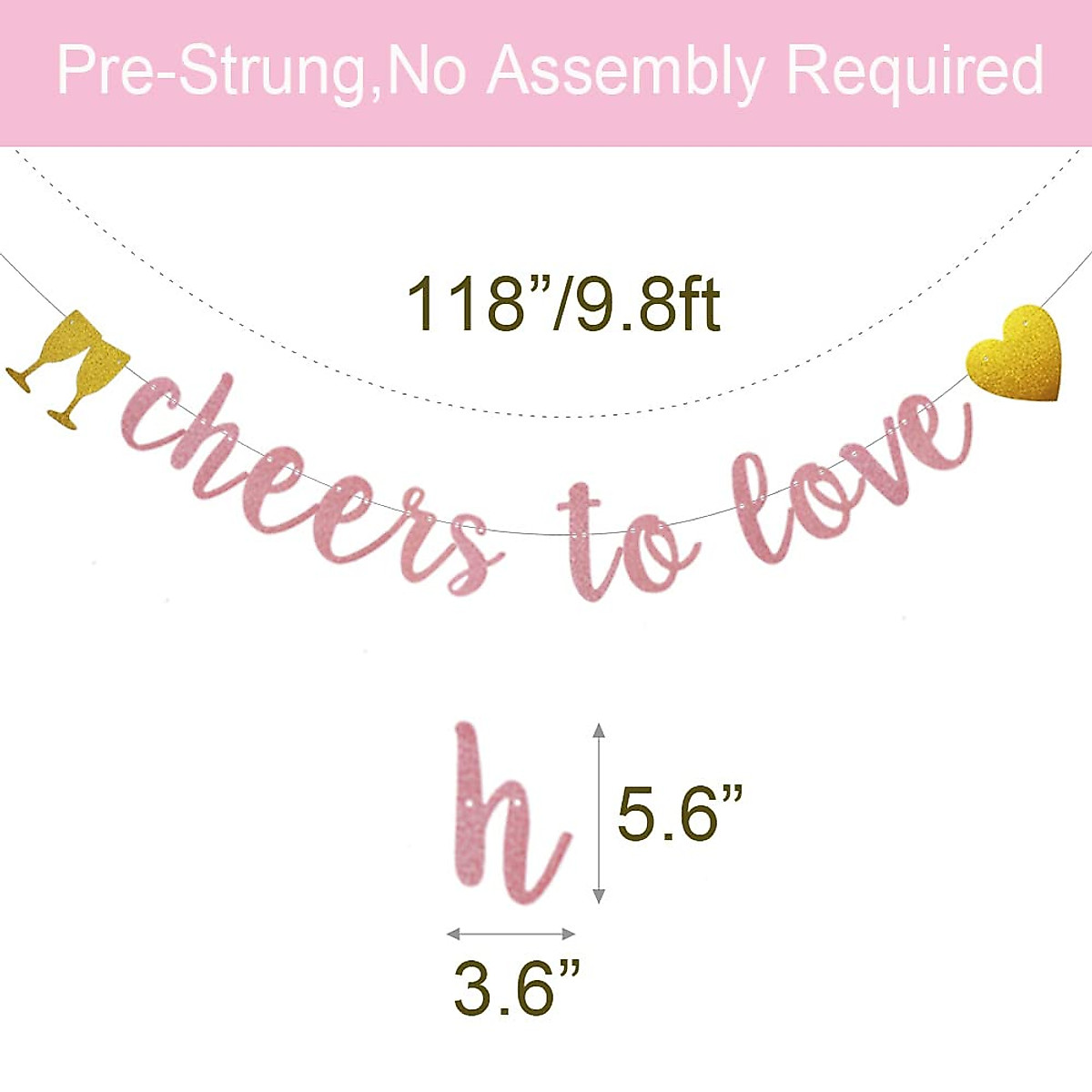 Cheers to Love Banner, Pre-Strung, No Assembly Required, Rose Gold Paper Glitter Party Decorations for Bachelorette / Engagement / Bridal Shower / Wedding / Anniversary Party Supplies, Letters Rose Gold,ABCpartyland