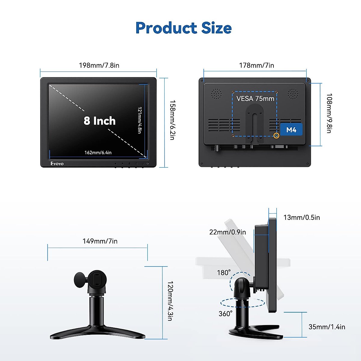 Eyoyo 8 Inch Small Monitor, 1024x768 4:3 IPS Mini HDMI Monitor Support HDMI/VGA/AV/BNC Input with Remote Control & Built-in Speakers, Security Monitor for Computer Raspi CCTV Camera