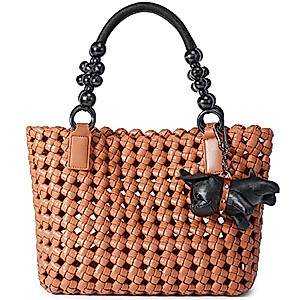 Woven Tote Bags for Women, Large Hollow-out Vegan Leather Fashion Top-handle Purse Shopper Bag Travel Bag (Brown)