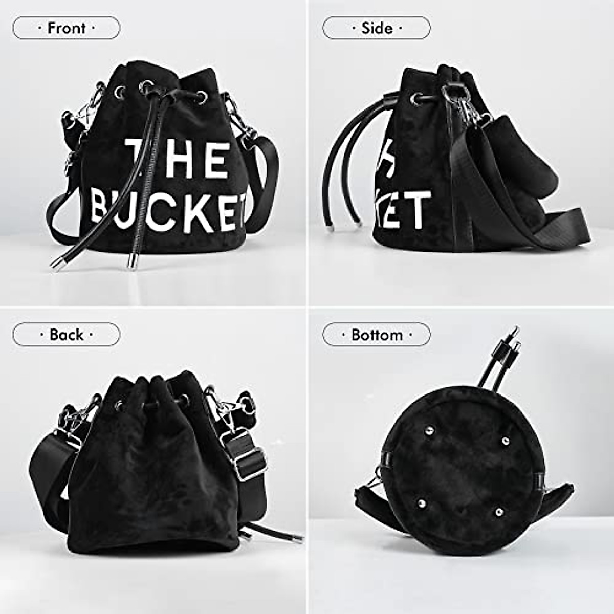 JQAliMOVV Bucket Bags for Women, Mini Bucket Bag Purses Soft Plush Crossbody Bucket Bags Drawstring Handbags Hobo Bag (Black)
