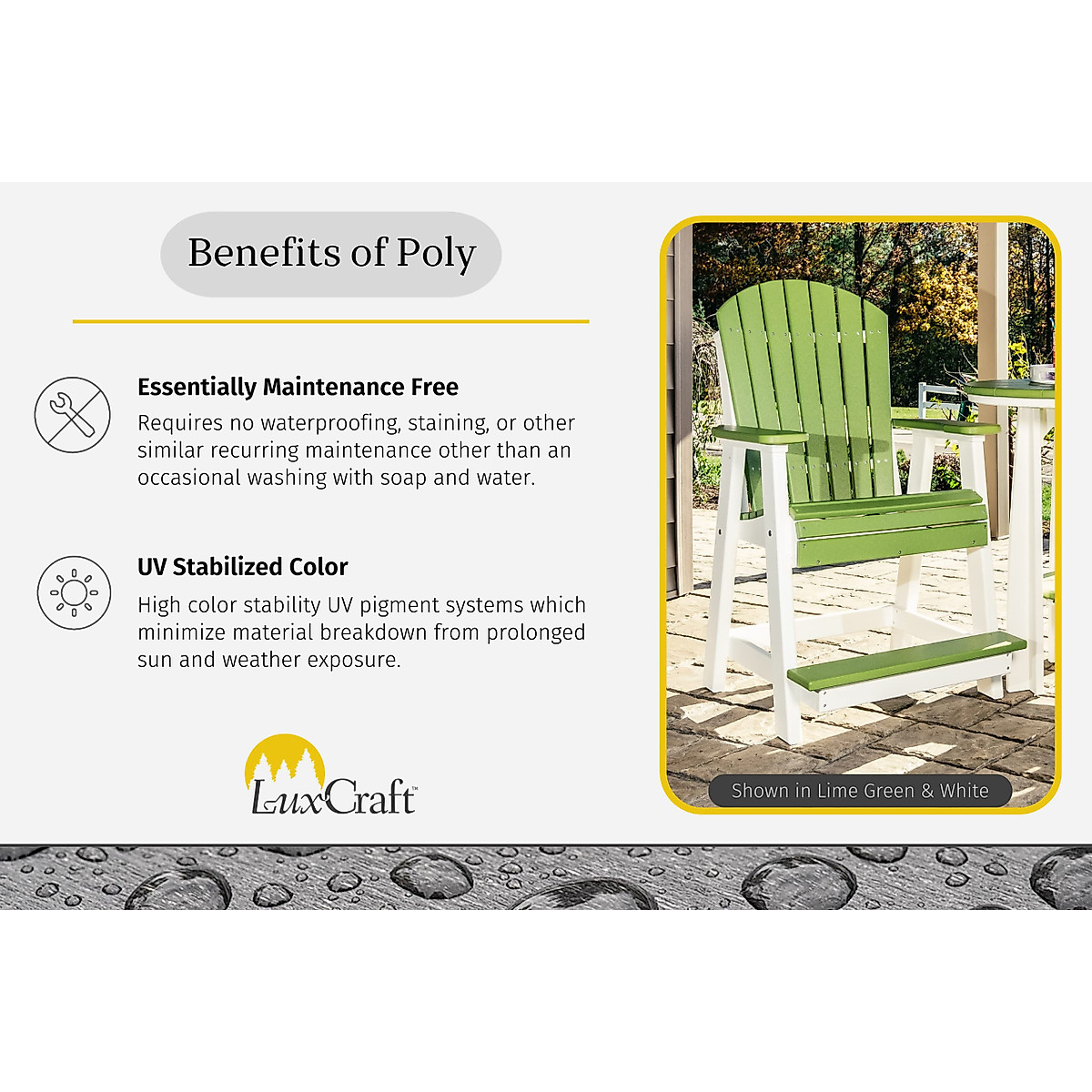 LuxCraft Plastic Poly Adirondack Balcony Chair with Built-in Footrest, Counter Height Outdoor Patio Dining Chair (Dove Gray & Slate)