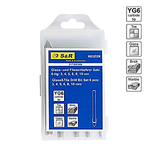 S&R Tile Glass Ceramic Drill Bit Set 6 Pcs.: Diameters 3, 4, 5, 6, 8, 10 mm / 1/8, 5/32, 13/64, 15/64, 5/16, 25/64", Round Shank, with Solid Carbide Tip for Increased Longevity