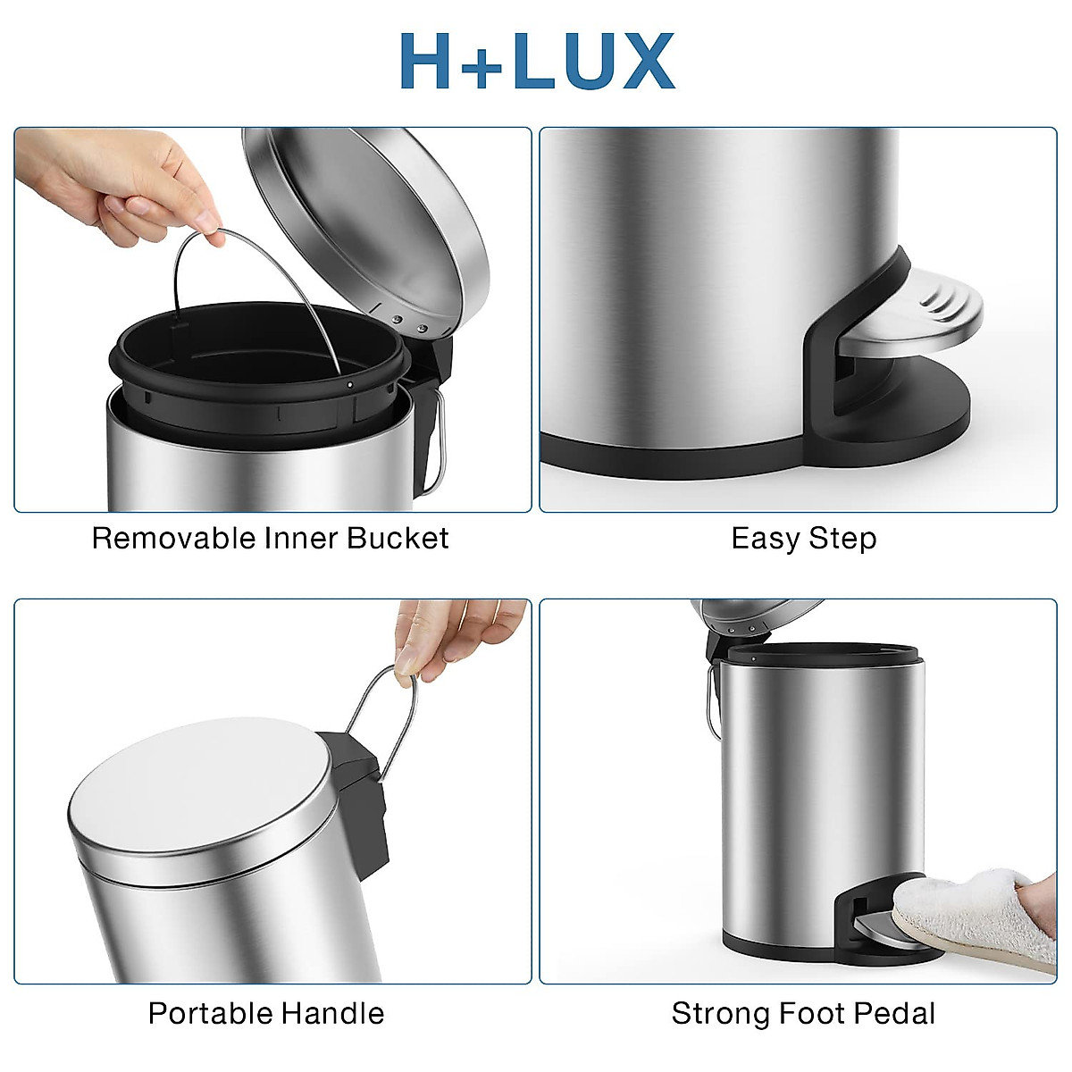 H+LUX Small Trash Can with Lid for Bathroom,Bedroom,Office,Mini Garbage can with Foot Pedal for Small Space, Anti-Fingerprint Brushed Stainless Steel Garbage Can, 0.8Gal/3L