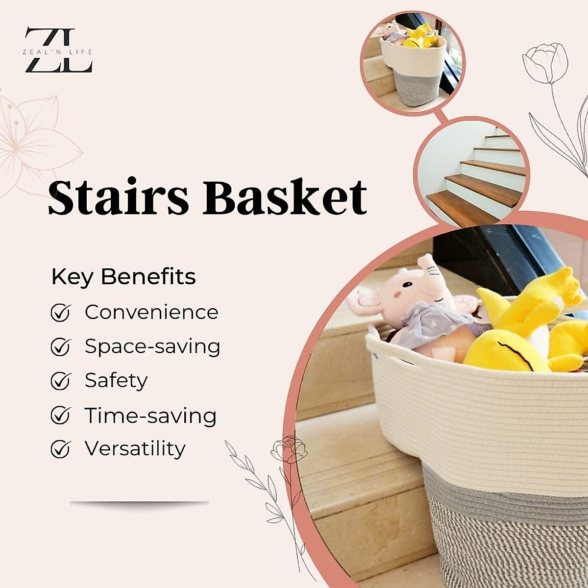 Rope Stair Basket for Carpeted and Wooden Stairs - Rope Basket with Handles - Cotton Rope Storage Basket - Collapsible Basket for Stairs With Felt Sheet Internal Support (Large, Cotton Rope Brown)