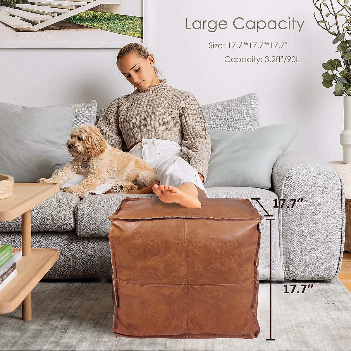 DMeHoo Unstuffed Pouf Foot Stool Ottoman, Faux Leather Pouf Cover, Handmade Square Floor Poufs Chairs for Living Room, Balcony, Bedroom (Brown, 17.7''*17.7''*17.7'', No Filling, Unstuffed)