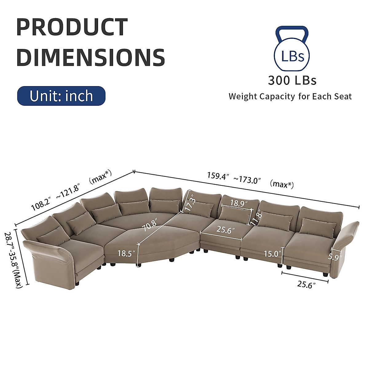 LLappuil Sectional Couch Convertible Oversize U Shaped Modular Sectional Sofa with Storage Easy Clean Anti-Scratch 8 Seat Velvet Sectional for Living Room, Brown