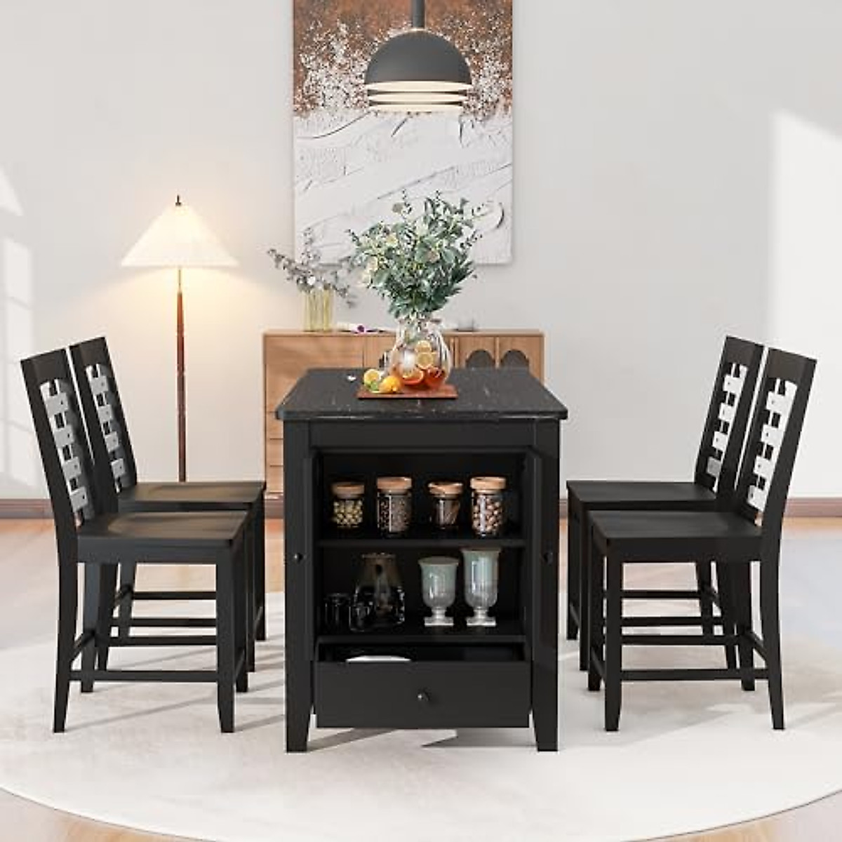 Aiuyesuo Rustic 5-Piece Dining Table Set with Faux Marble Tabletop, Rectangle Dining Table with Storage Cabinet and Drawer, Solid Wood Counter Height Table Set for Dining Room Kitchen (Black-SGH05)