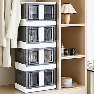 Sea Team 4-Pack Stackable Plastic Storage Bins with Lids, 8.4 Gal Collapsible Closet Organizers, Lidded Large Storage Baskets with Wheels Doors and Handles, White