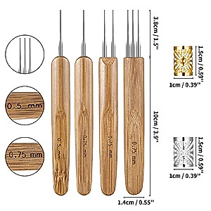 Vodiye Dreadlock Crochet Hook for Hair, 0.5mm 0.75mm Steel Locs Crochet Needle for Hair, Professional Dreadlock Crochet Needle with Bamboo Handle, Dreadlocks Beads Mixed Golden Silver for Braid Craft