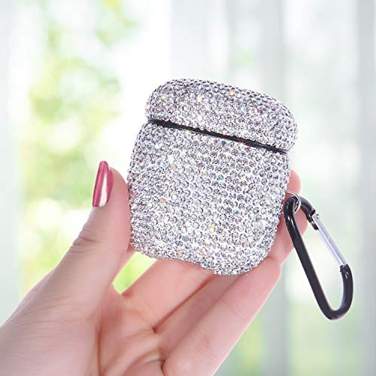 Sparkly Diamond Case for AirPods with Keychain, Shockproof Protective Premium Bling Rhinestone Cover Skin Compatible with AirPods Charging Case 2 & 1(White+AB C5)
