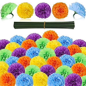 Hananona 50 Pcs Marigold Flower Heads Bulk, Colorful Silk Marigold with Stems DIY Marigold Garland Artificial Day of The Dead Decoration Dia De Los Muertos Halloween Decor Diwali Garland