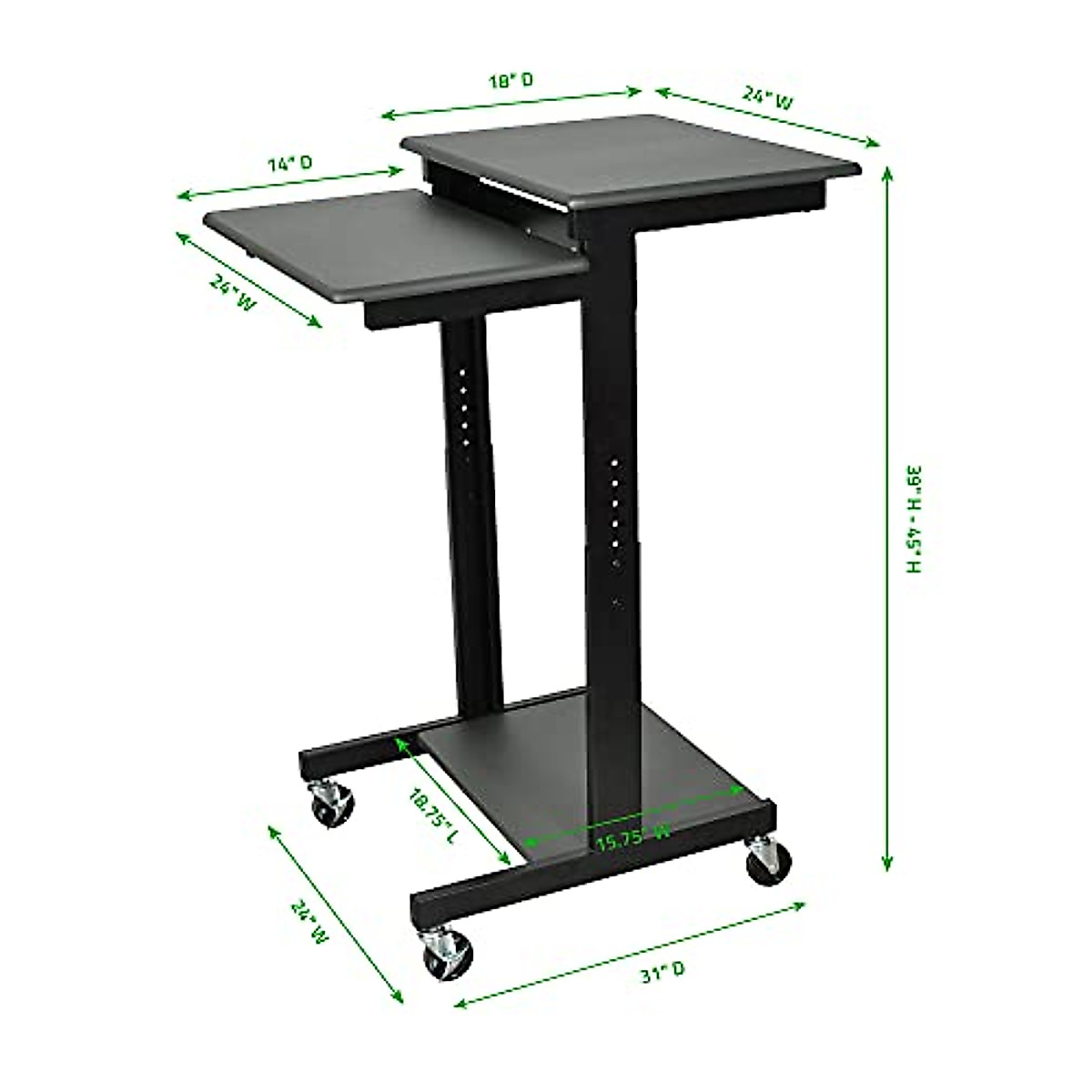 Luxor Adjustable Height Multipurpose Lightweight Rolling Presentation Workstation with 3 Shelves - Black, Perfect for School, Classroom, Office and More