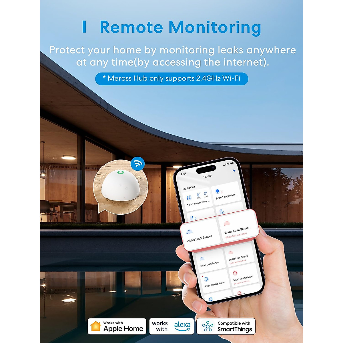 meross Smart Water Leak Detector, WiFi Water Sensor Support Apple HomeKit, SmartThings, IP67 Waterproof with App Alerts, Audio Alarm, 100M Range for Home Basement Kitchen (Meross Hub Included)