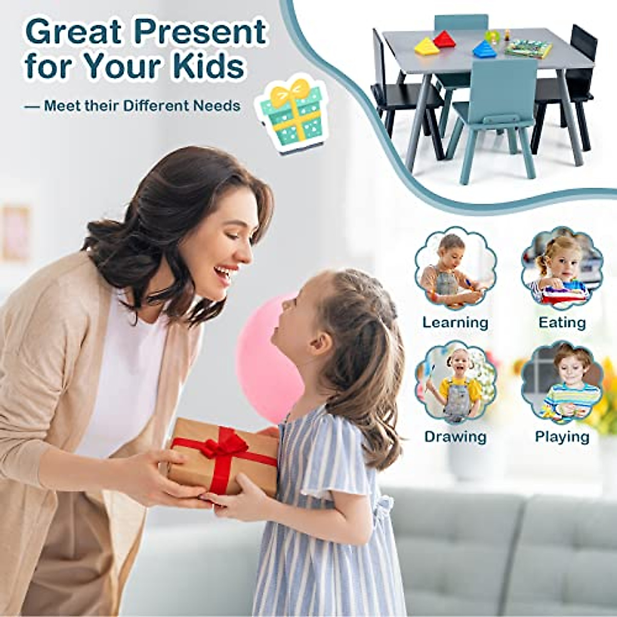 Costzon Kids Table and Chair Set, 5-Piece Toddler Table & 4 Chairs w/Toy Bricks for Arts, Crafts, Snack Time & Homework, Classroom Playroom Daycare Furniture for Boys & Girls Age 3-7 (Grey, Blue)