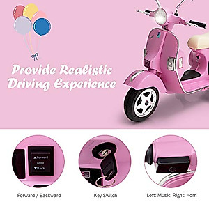 Costzon Kids Vespa Scooter, 6V Rechargeable Ride on Motorcycle w/Training Wheels, Key Switch, Music Horn Lights, Forward/Reverse, ASTM Certification, Gift for Children Boys Girls (Pink)