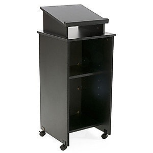 Rolling Wood Podium, 44"H, Locking Wheels, 2 Shelf Open Cabinet, Top Surface with Lip (Black)