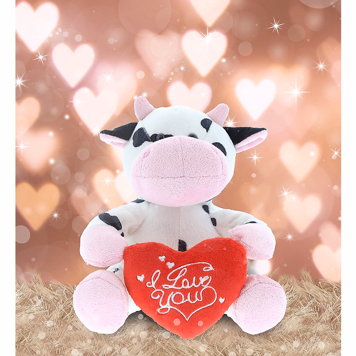 DolliBu I Love You Valentine Pink Cow Plush - Fluffy Cow Stuffed Animal with Red I Love You Plush Heart and Name Personalization Gift for Valentines Day, Birthday, Anniversary, Romantic Date - 6 Inch