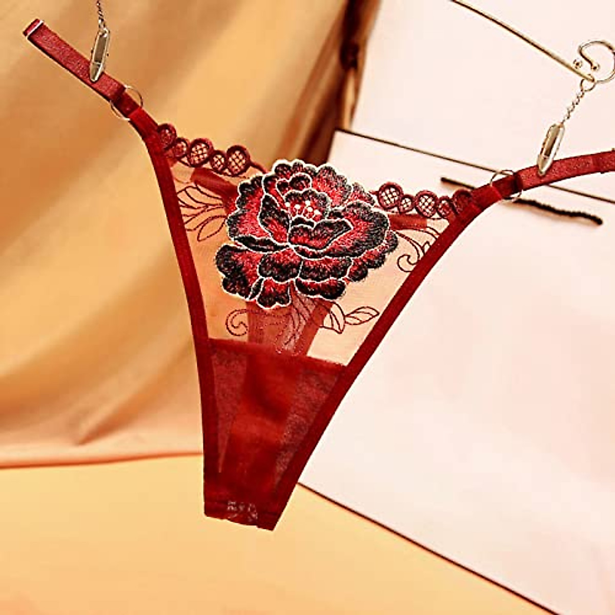 Underwear Women Sexy Thongs for Women Naughty Slutty Low Rise Embroidery Underwire Mesh Lace T-Back Thong Breathable Stretch Hollow Out Panty Underwear Wine