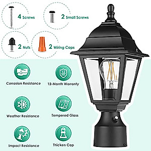 FOLKSMATE Dusk to Dawn Outdoor Post Lights, 2-Pack Waterproof Outside Post Lamps with Pier Mount, Exterior Pole Lantern with Clear Glass, Matte Black Post Light Fixture for Patio, Garden, Walkway