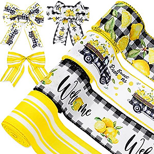 AnyDesign Lemon Wired Edge Ribbon 24 Yards Summer Yellow Lemons Truck Craft Ribbon Buffalo Plaids Farmhouse Fabric Ribbon for Wreath Bow Making DIY Crafts Wrapping Supplies, 4 Roll