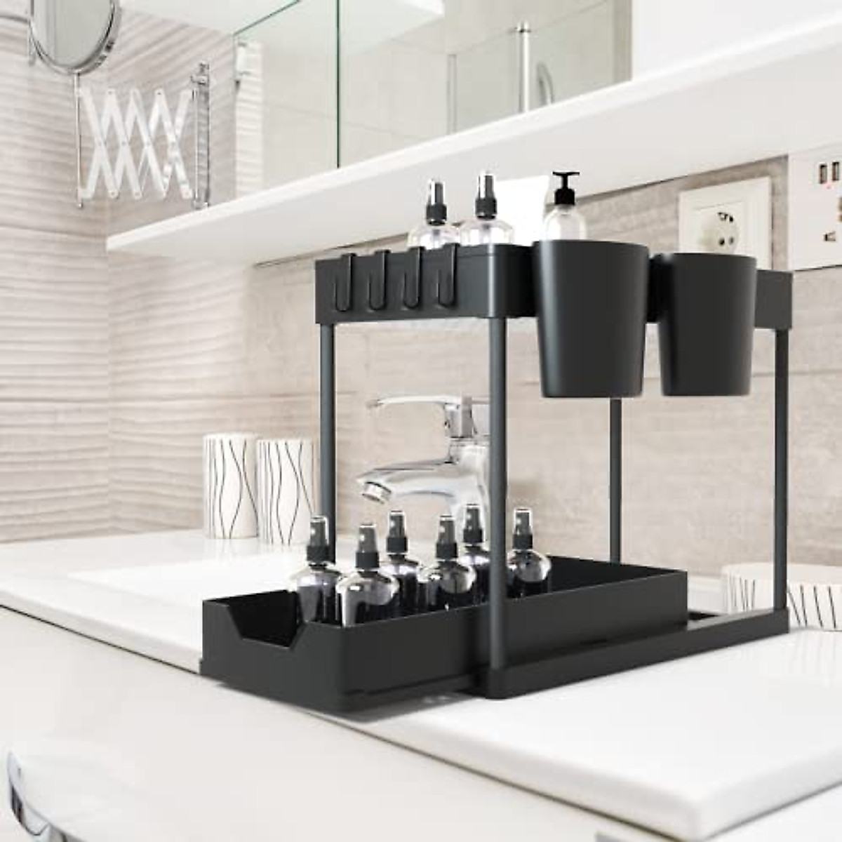 2 Pcs 2-Tier Under Sink Organizers and Storage with Bottom Pull Out Drawers, Towels Hooks and Hanging Cups, Bathroom/Kitchen Multipurpose Miscellaneous Supplies Organization And Storage Rack