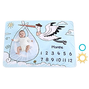 Baby Monthly Milestone Blanket Stork Carrying Baby Newborn Month Flannel Fleece Blanket Neutral Unisex Baby Boy Baby Girl Shower Gifts Double Sided Star 60" L x 40" W