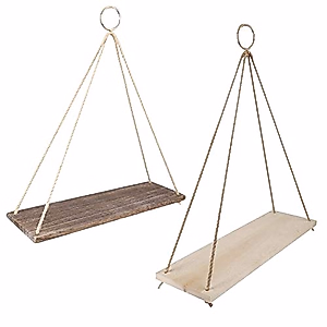 TOPINCN Wood Wall Floating Shelf Hanging Swing Rope Shelves Garden Flower Pot Rack Wall Display Shelves Home Organizer Decor Shelves (Burlywood)