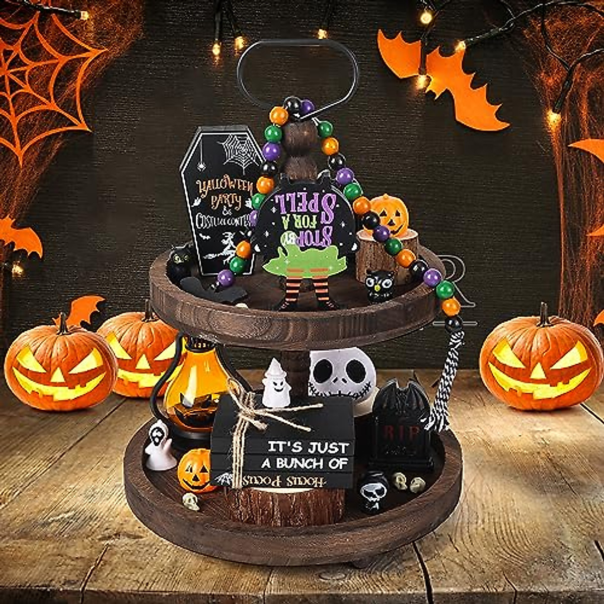 Hocus Pocus Halloween Decorations indoor, 6 Pcs Hocus Pocus Halloween Decor with Tombstones, hocus pocus book, Witches Cauldron, beads garland, Halloween Tiered Tray Decor for Home Table Kitchen decor