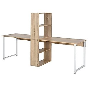 HOMCOM 88" Extra Long 2-Person Computer Desk with Storage Shelves Combo, Double Workstation Storage Study Writing Table for Home Office, Bookshelf, Natural Wood Color