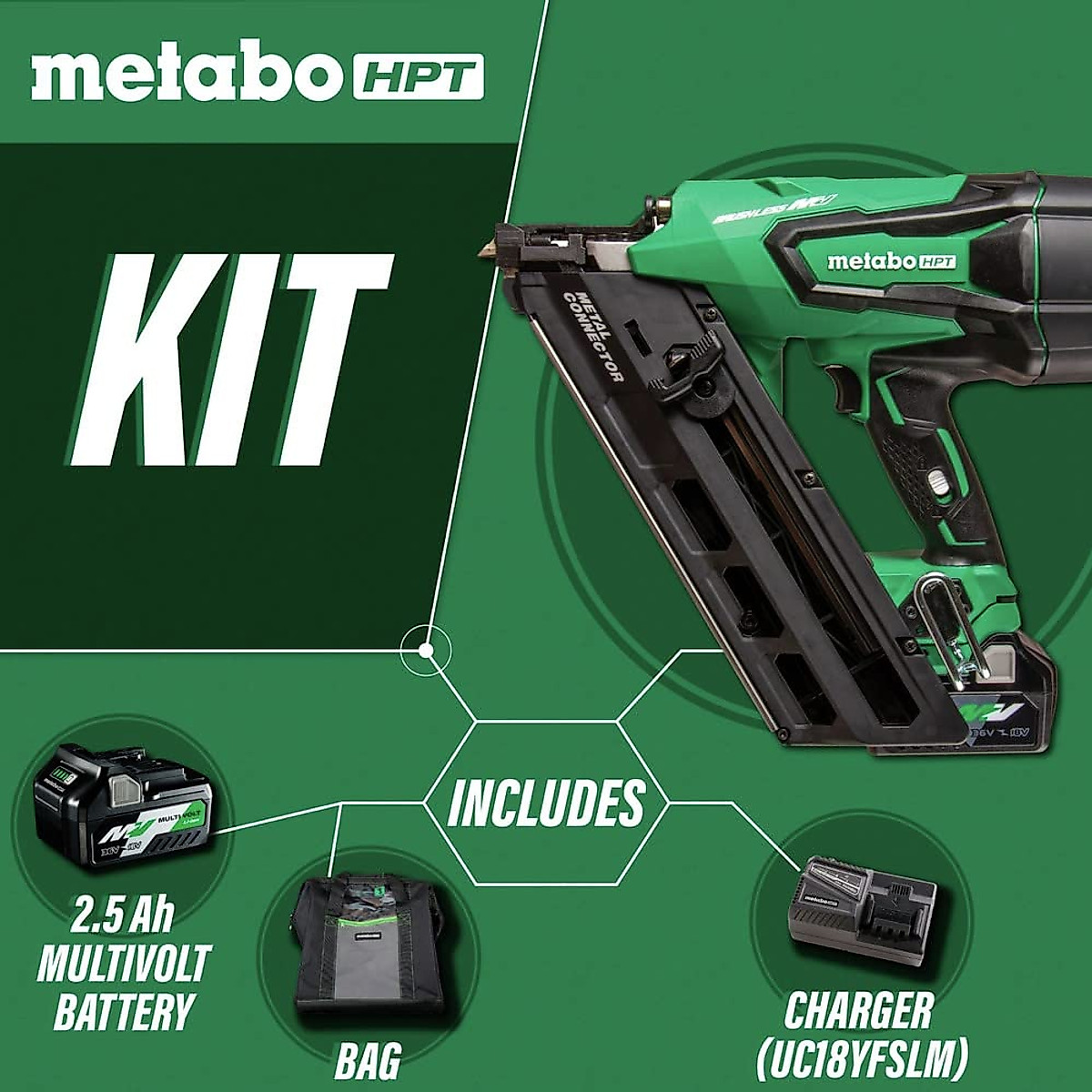 Metabo HPT 36V MultiVolt Cordless Metal Connector Nailer Kit | Accepts 1-1/2-Inch and 2-1/2-Inch Nails | Strap-Tite Probe Tip | NR3665DA