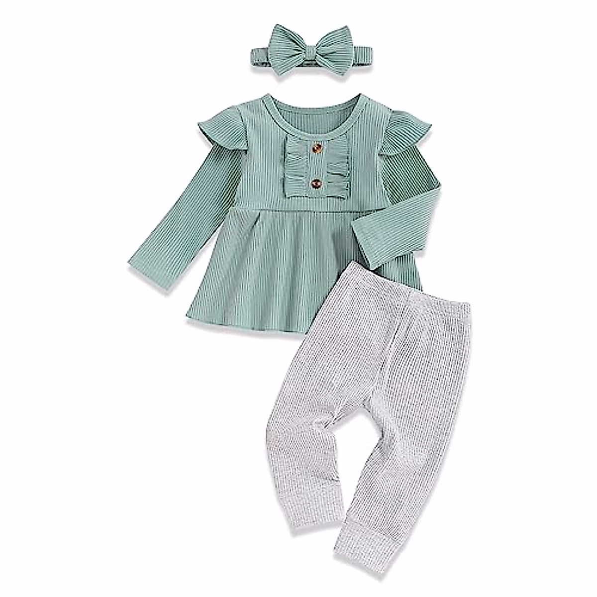 Okgirl Toddler Girl Clothes Cute Crewneck Long Sleeve Green Tops Grey Pants with Headband 3Pcs Outfits Fall Baby Girl Clothes 12-18M