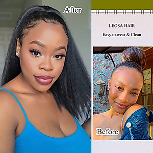 LEOSA Ponytail Extension 14 inch Drawstring Ponytails for Black Women Short Natural Black Yaki Straight Drawstring Ponytail Hair Extensions (14 Inch (Pack of 1), 1B#)