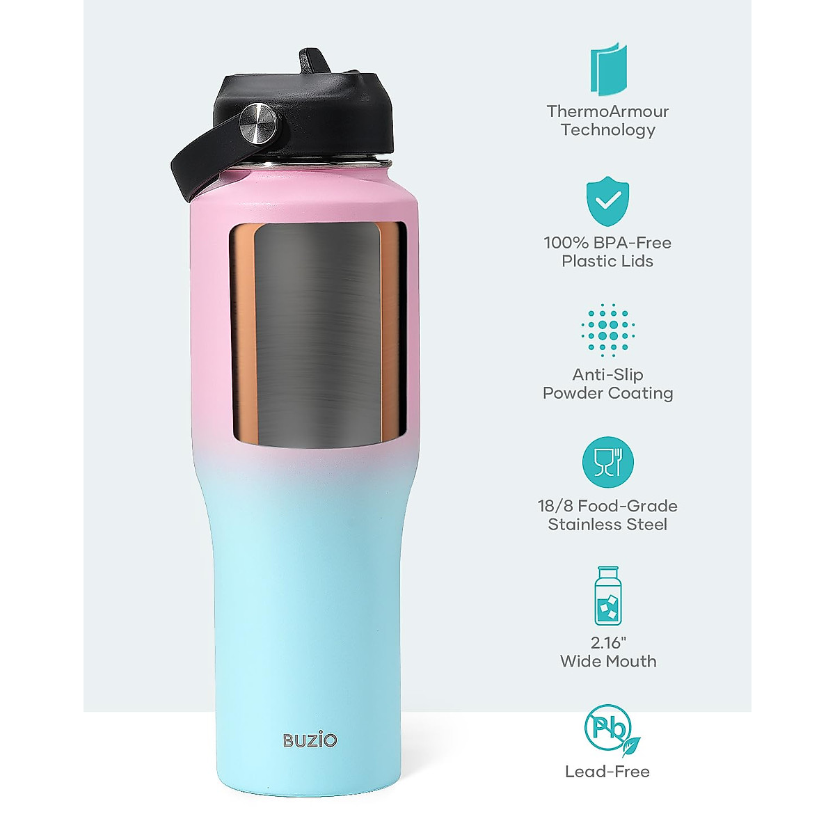 BUZIO Stainless Steel Water Bottle Vacuum Insulated (Cold for 48 Hrs, Hot for 24 Hrs),32oz Tumbler Travel Flask with Straw Lid and Flex Cap, Fit in Any Car Cup Holder,Bubble Gum
