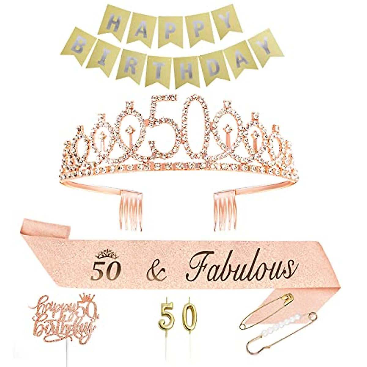50th Crown and Sash Set | Include 50th Tiara and "50 & Fabulous" Sash | Happy Birthday Cake Topper | 5&0 Candles | Birthday Banner and Peal Pin | 50th Birthday Decoration for Women Lady 50 Birthday Gift