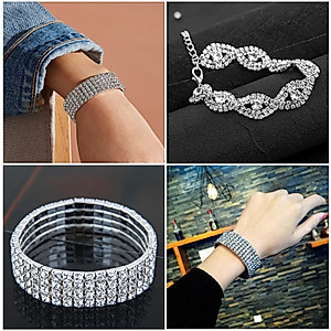 Jewdreamer 7PCS Rhinestone Bracelets for Women Cubic Zirconia Tennis Stretch Bracelet Bangle Bling Bikini Crystal Bracelet Sliver Sparkly Bridal Wedding Jewelry Bracelet Set