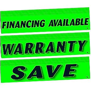 Versa Tags Windshield Slogan Stickers 12 Pack of FINANCING Available Stickers 12 Pack of Warranty Slogans 12 Pack of Save Window Stickers (36) Dealership Stickers Black On Green