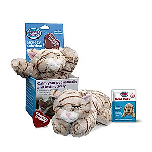 SmartPetLove Original Snuggle Kitty Heartbeat Stuffed Toy for Cats by Snuggle Puppy. Pet Anxiety Relief and Calming Aid in Tan Tiger, for All Breed Sizes.