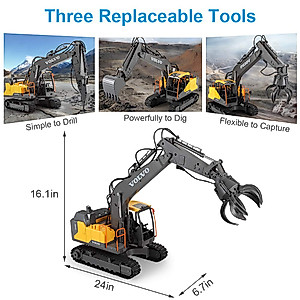 Mostop Remote Control Excavator 1/16 Scale 3 in 1 Shovel Loader RC Excavator Digger Toy with 2 Tools,17 Channel Full Functional RC Construction Truck Vehicle Tractor with Sound and Light